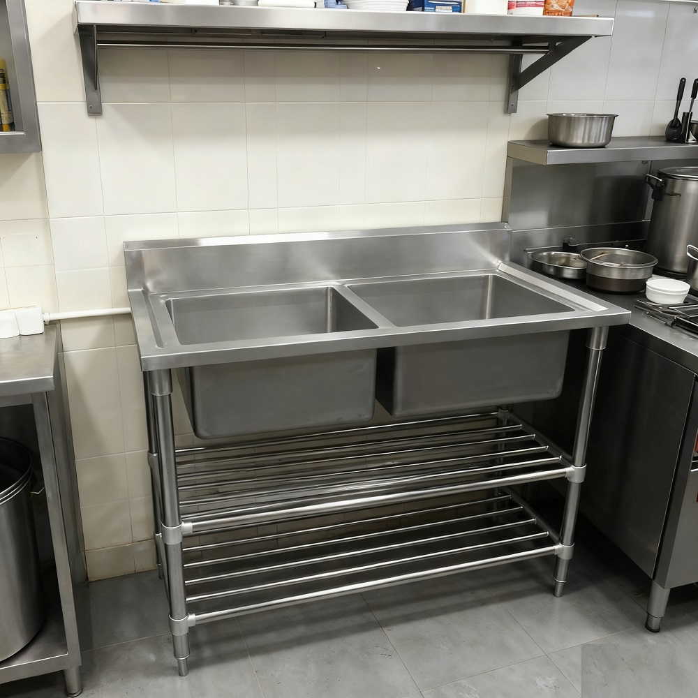 Commercial Double Bowl Kitchen Sink with Undershelf